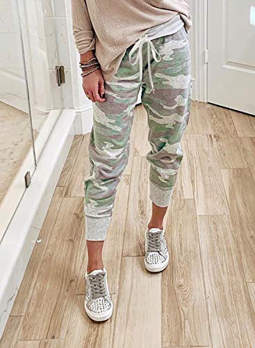 Acelitt Woman Fashion 2023 Casual Fall Drawstring Elastic Waist Camo Joggers with Pockets Sweatpants Workout Gym Comfy Athletic Pants Green XL