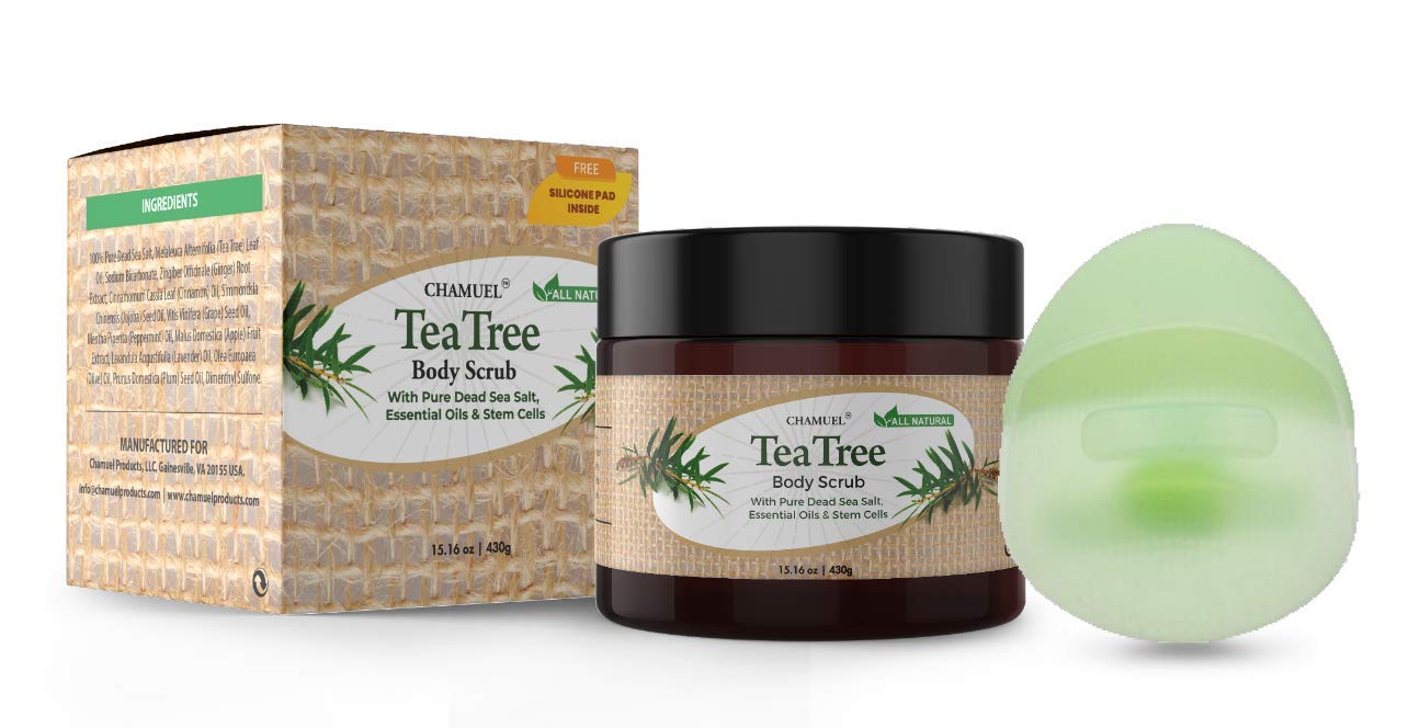 Chamuel Tea Tree Body & Foot Scrub - 100% Natural Exfoliating Body Scrub with Dead Sea Salt, Plant-based Stem Cells, Ginger & Essential Oils– Rejuvenates & Soothes Dead & Dry Skin (15.1oz)