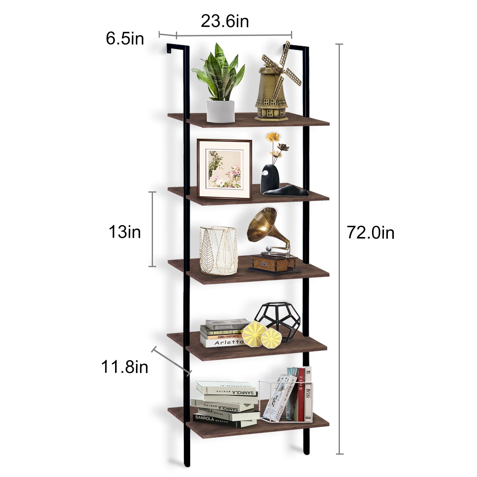 aboxoo Ladder Shelf Open Bookshelf 5-tier Wall-mounted Wood Bookcase Storage Rack Open back Industrial Modern Plant Flower Stand Utility Organizer Bookcase Metal Frame Furniture Office Kitchen Bedroom