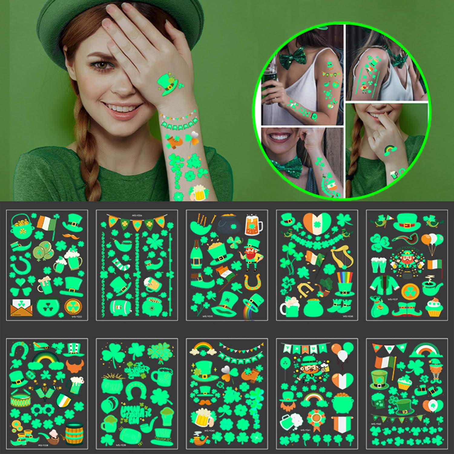 beiling Kids Saint Patrickâs Day Luminous Temporary Tattoos Stickers Shamrock Beer Glow in Dark Children Holiday Fluorescent Tattoos Stickers for Face Body Arms Baby Girl Boy St Patricks Party Favor Accessories (10 sheets)