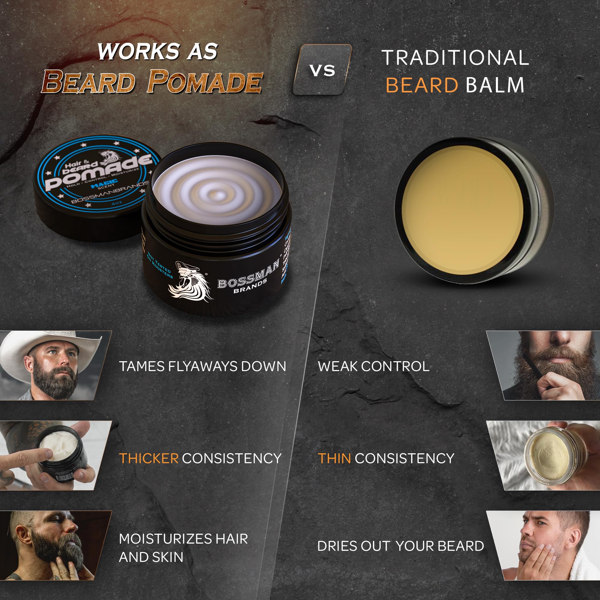 Bossman Hair & Beard Pomade - All Day Hold, Control and Moisturizing Hair, Beard and Moustache Styling Product - Natural Strong Hold Pomade - Made in USA (Magic Scent)