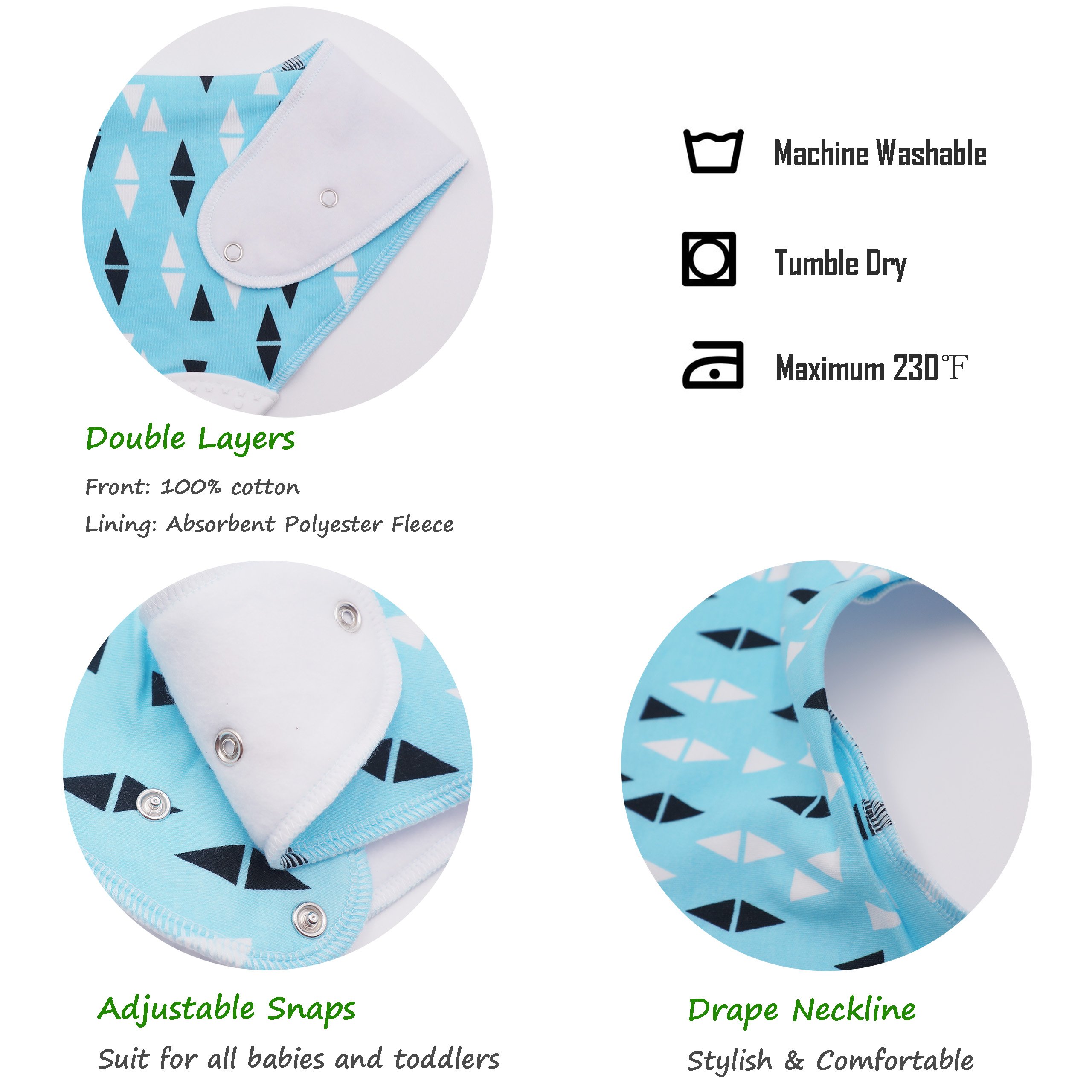 Baby & Toddler Bandana Teething Bib with BPA-Free Silicone Teether and Adjustable Snap for Boys and Girls, (5-Pack)