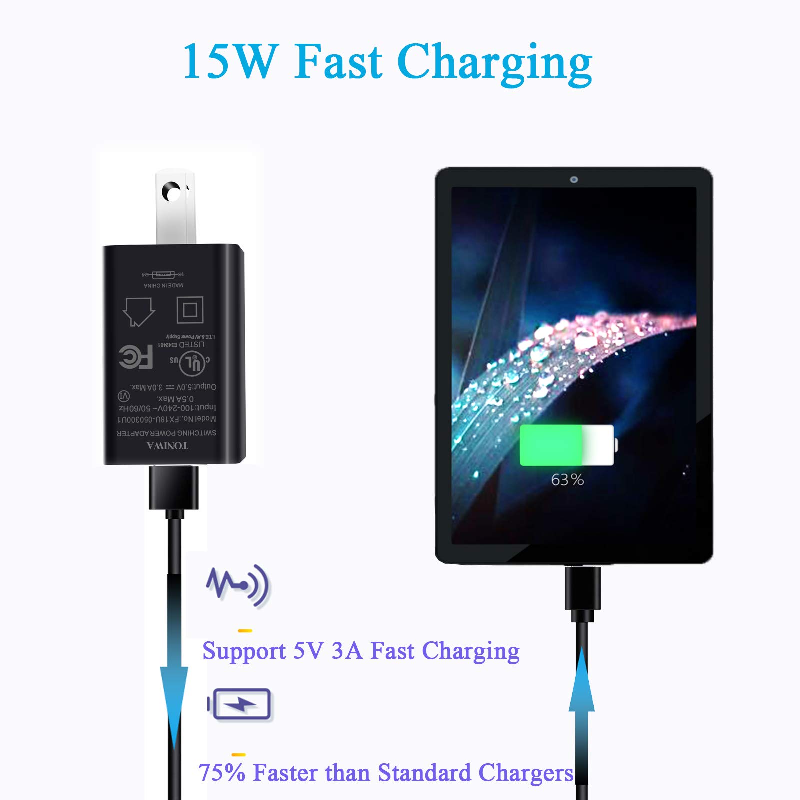Type C 15w Fast Charger for Samsung Galaxy Tab A8 10.5"; A7 10.4"; A7 Lite 8.7"; Tab S8 S7 S6 S5e; SM-X200/X700/X800, SM-T220/T500/T870/ T970 with 6.6Ft Charging Cable