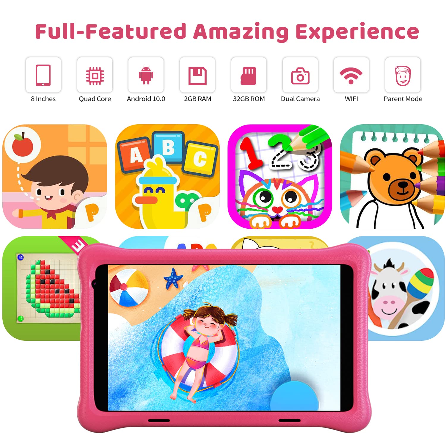 8 inch Tablet for Kids, Android 10 Kids Tablet with Parental Control, Kidoz Installed, 4000 mAh, HD Display, 32GB, Dual Camera, WiFi, Bluetooth, Google Play, Children Tablet with Shockproof Case, Pink