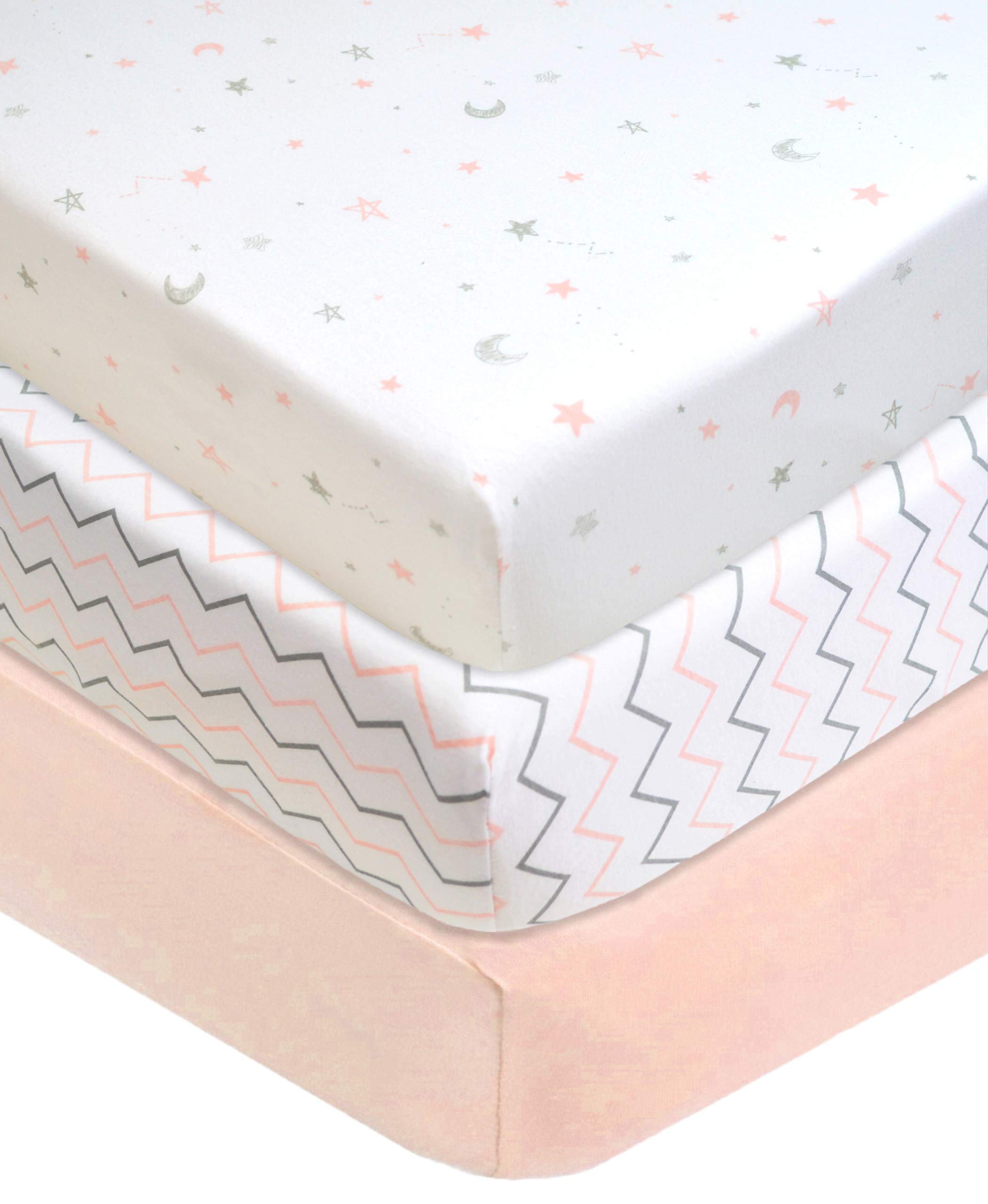 American Baby Company 3 Pack Fitted Pack N Play Playard Sheet 27" x 39", Soft Breathable Neutral 100% Cotton Jersey Pack and Play Sheet, Pink Star/Zigzag, for Boys and Girls, Fits Most Mini Crib