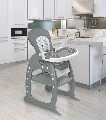 Badger Basket Envee II Baby High Chair with Playtable Conversion – Gray Chevron, 5-Point Harness, Dishwasher Safe Tray, Machine Washable Cushion