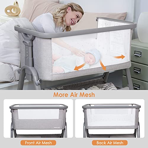 Beberoad Love Baby Bassinet Beside Sleeper for Baby Lightweight Portable 6 Heights Adjustable Beside Crib Baby Bed Cradle for Newborns Infants with Mattress Wheels Storage Basket Travel Bag Light Grey