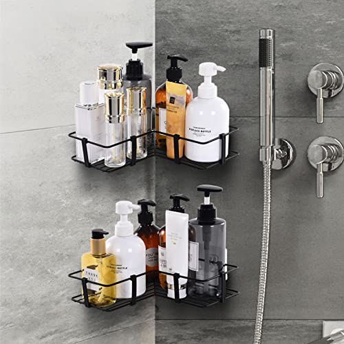 Adhesive Plastic Shower Caddy Bathroom Shower Basket Shelf Wall Mounted No Drilling Shower Storage Rack Organizer Caddy Wall Shelf, Spice Seasoning Rack Seasoning Organizer for Kitchen (MetalBlackCaddy_1Pk)