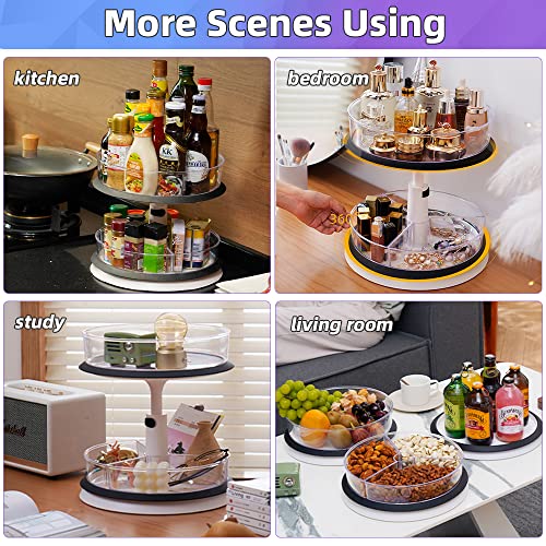 2-Tier Lazy Susan Turntable and Height Adjustable Cabinet Organizer with 1x Large Bin and 3 x Divided Bins, Removable, Clear Spice Rack