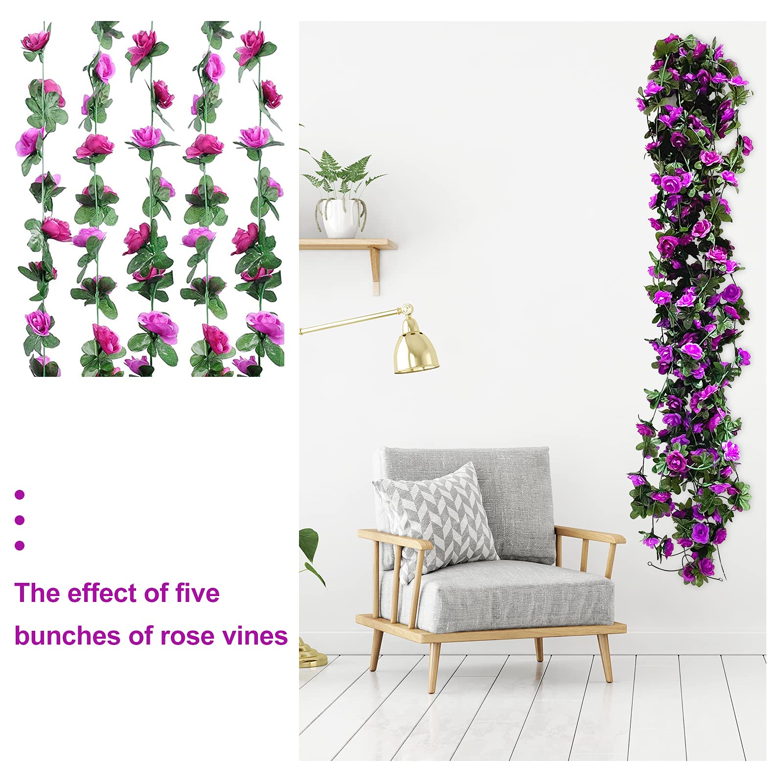 ALINREDBX 5pcs Artificial Flowers Fake Rose Vine Flowers Plants Hanging Rose Ivy for Home Hotel Wedding Party Garden Décor (Dark Purple)