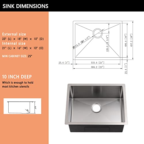 23 Inch Undermount Kitchen Sink Stainless Steel-HACHENL 23X18 Inch Kitchen Sink 16 Gauge Stainless Steel Kitchen Sink 10 inch Deep Single Bowl Kitchen Sink Small Kitchen Sink Bar Sink