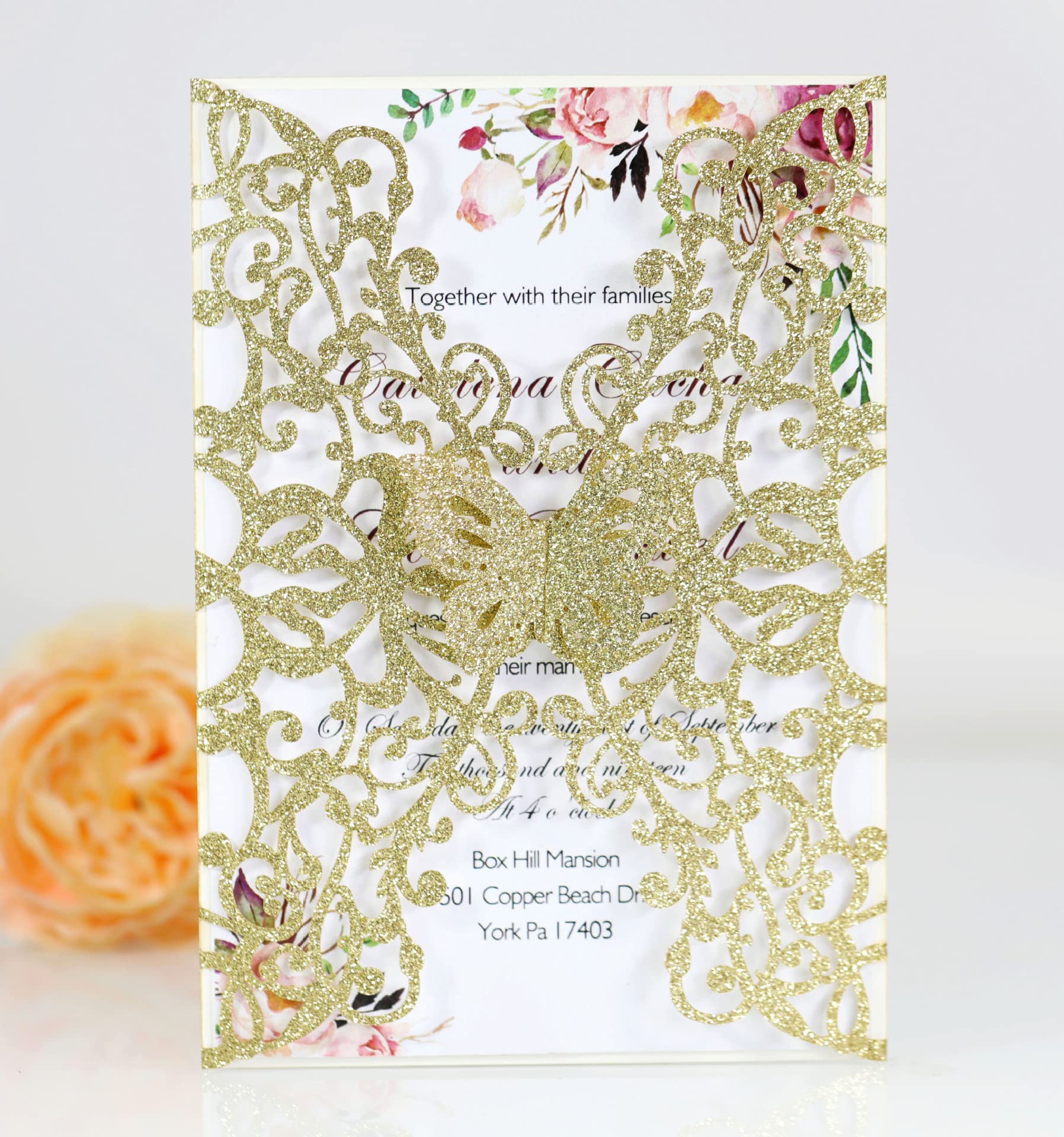 50sets Glitter Laser Cut Lace Flora Wedding Invitation Cards with Butterfly and Envelopes for Bridal Shower Engagement Quinceañera Wedding Invite (Only invitation Cards, Glitter Gold)