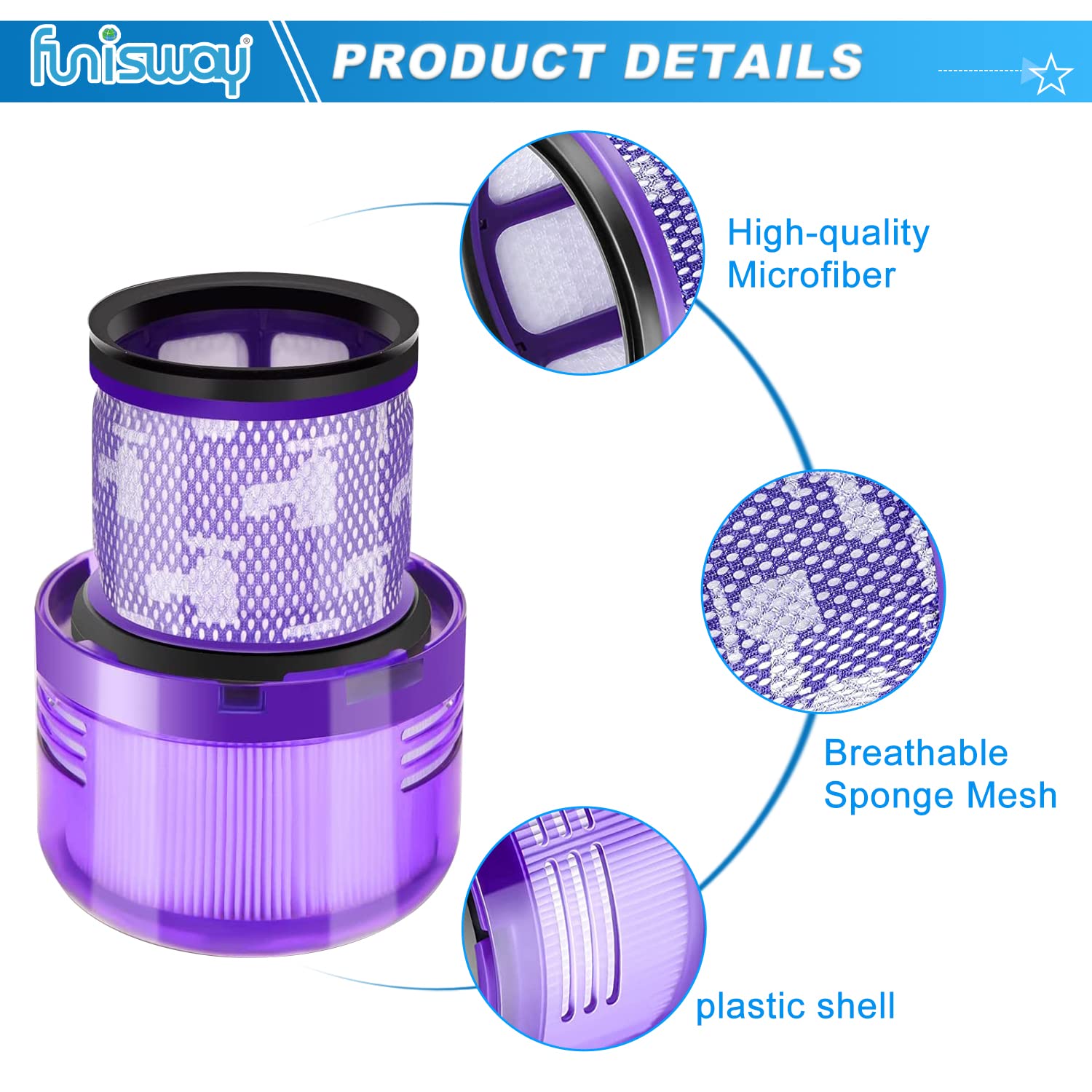 2 Pack Replacement V11 Filters for V11 Torque Drive V11 Animal V15 Detect Vacuum, Replace Part 970013-02