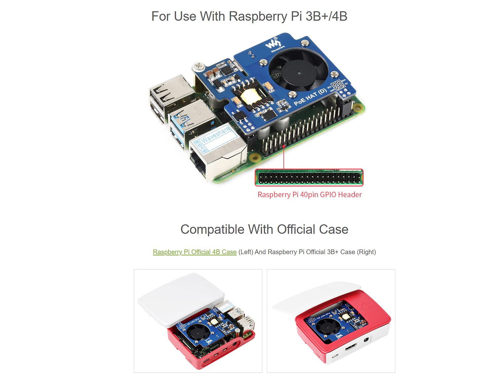 waveshare PoE HAT for Raspberry Pi 4 B/3 B+,Power Over Ethernet HAT (D) with Fan,Support IEEE 802.3af Network,Compatible with Raspberry Pi Official 4B Case