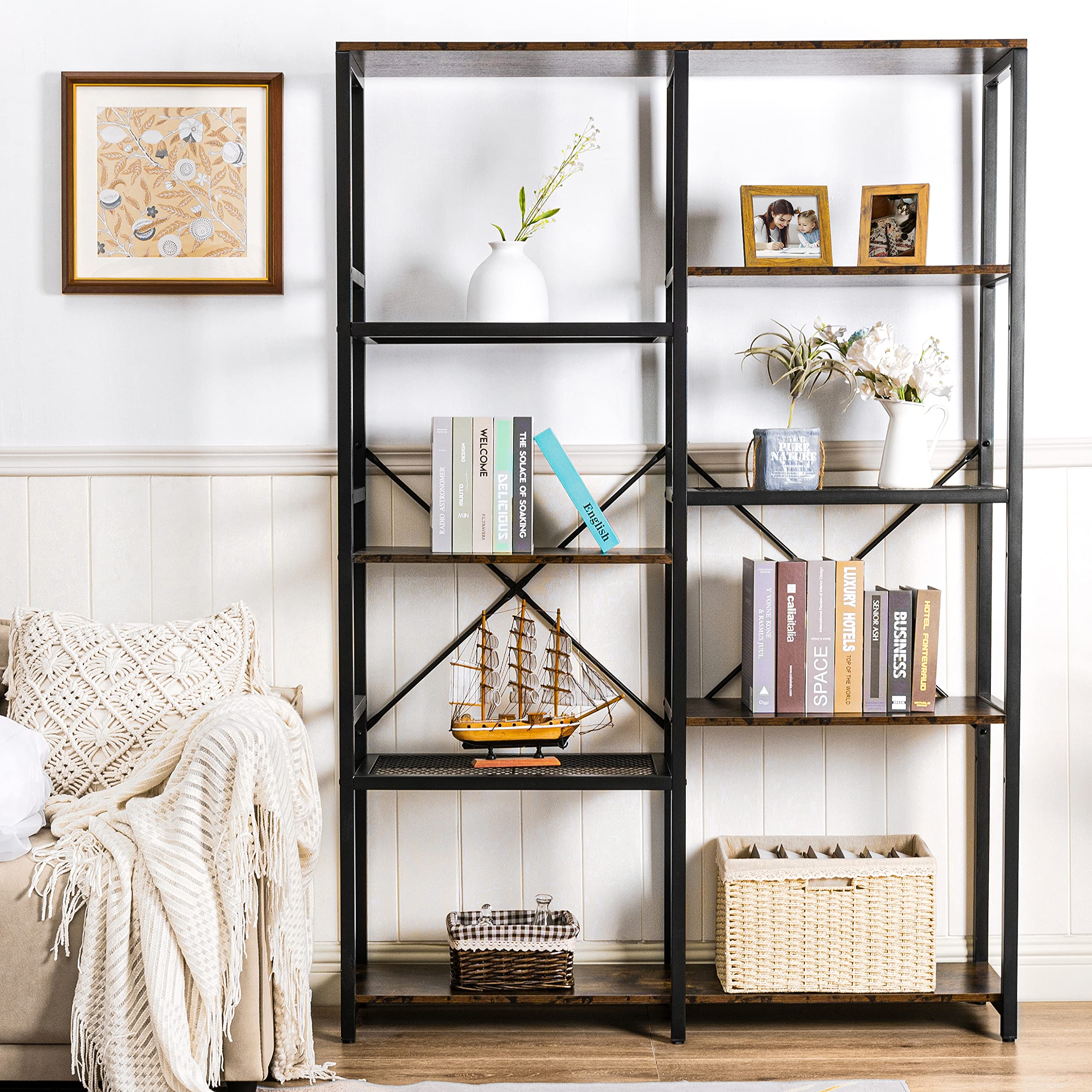 Becko US Bookshelf Bookcase Industrial 8 Tier Book Shelf Vintage Etagere Bookcase with Rustic Finish & Metal Frame & Wire Mesh