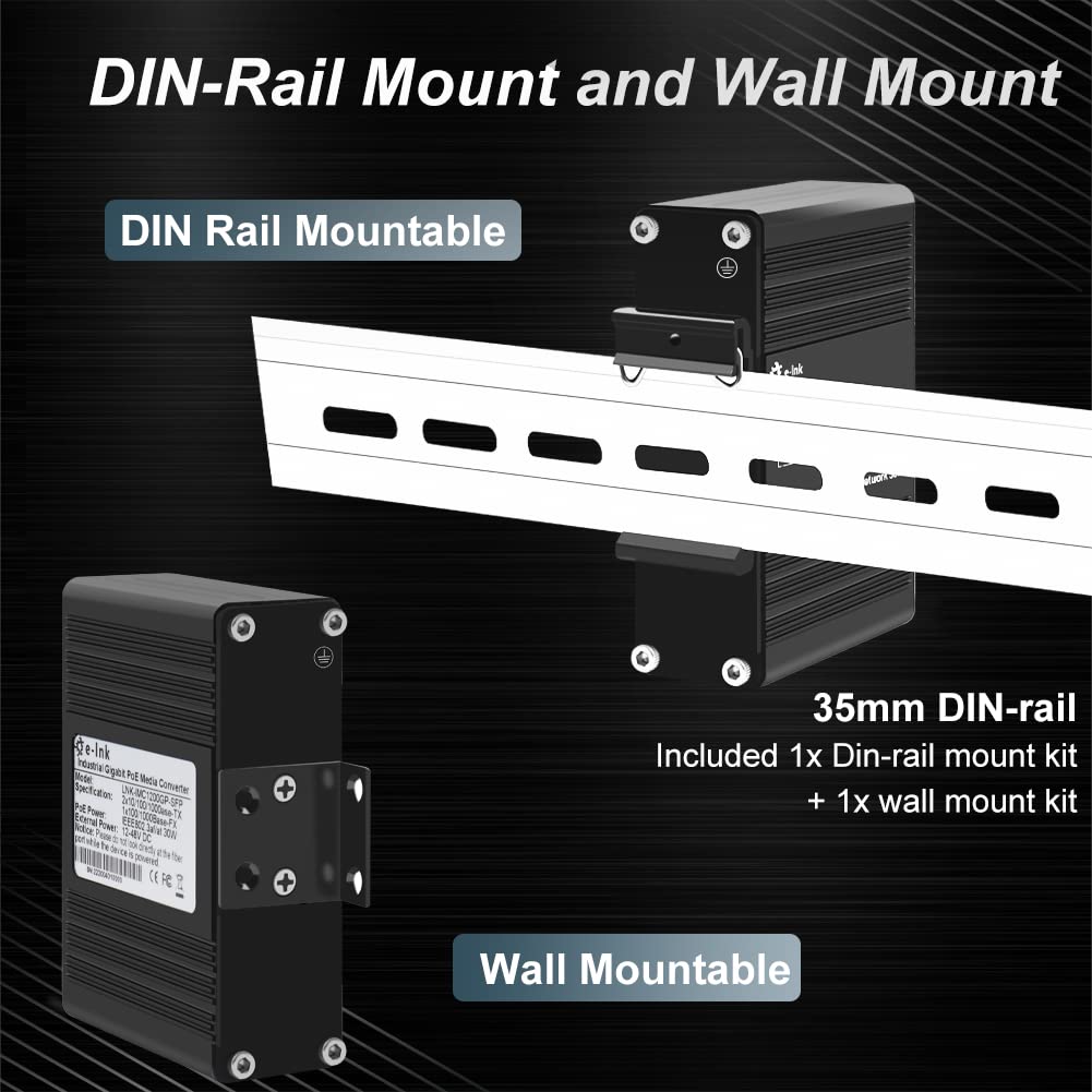Mini Industrial 2 Ports Gigabit PoE Media Converter 12~48V DC Input Hardened 10/100/1000M 48V 30W PoE Ethernet to Fiber Optic Converter 802.3af/at Support 100/1000M SFP Module Auto Sensing