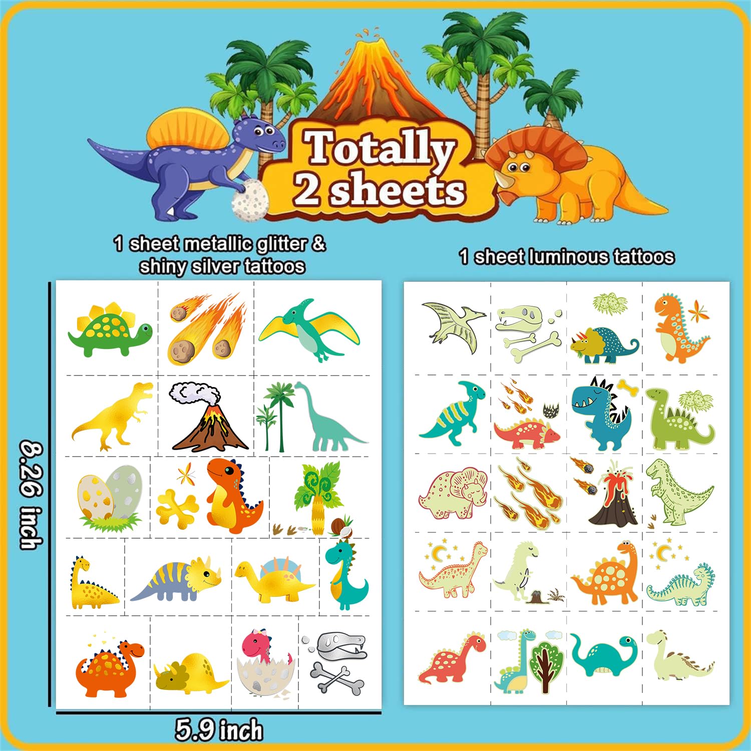 Leesgel Dinosaur Temporary Tattoos for Kids, Dinosaur Stickers, Dinosaur Birthday Party Supplies Decorations (37 Styles Glow + Metallic Glitter)