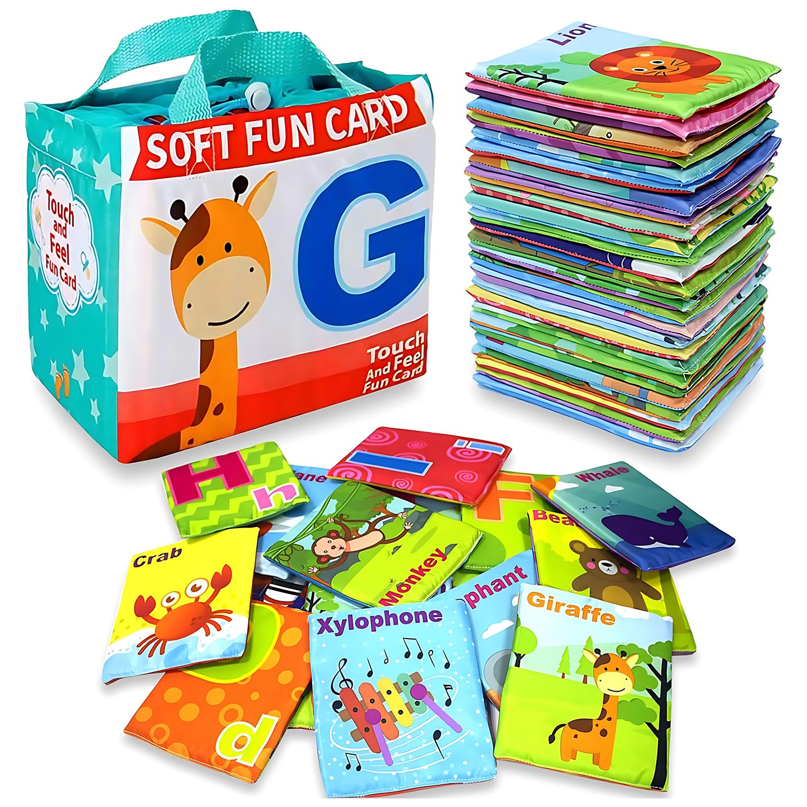 Adpartner Baby Soft Alphabet Cards Toy, 26Pcs ABC Learning Flash Cards with Drawstring Storage Bag, Washable Cloth Letter Cards Early Educational Toys for 0 1 2 3 Years Old Babies Infants Toddlers