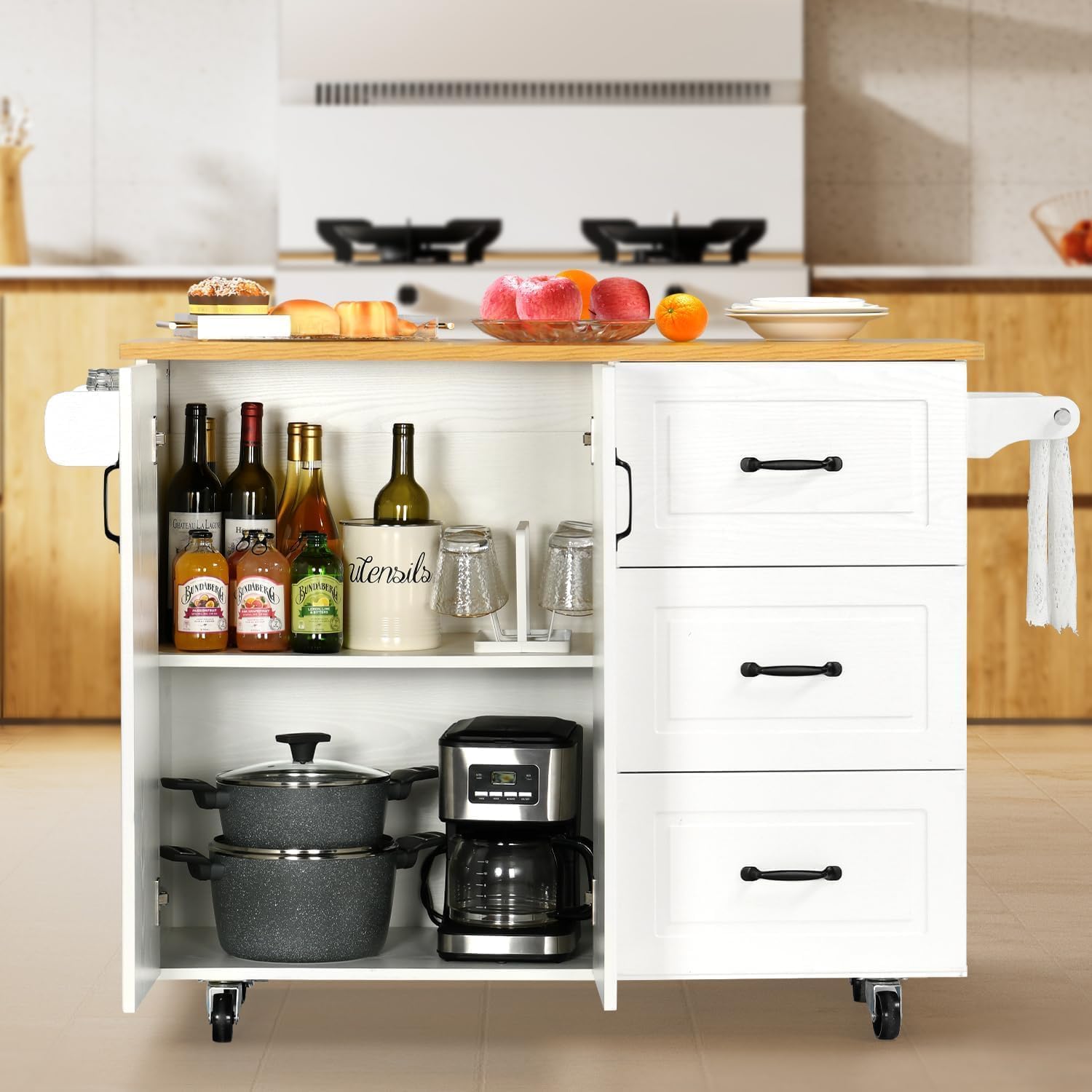 4 EVER WINNER Kitchen Island Cart with Drop Leaf & 3 Drawers, 43β Kitchen Island with Storage Cabinet on Wheels, Spice Rack, Towel Rack, Rolling Kitchen Island Table Breakfast Bar for Kitchen, White