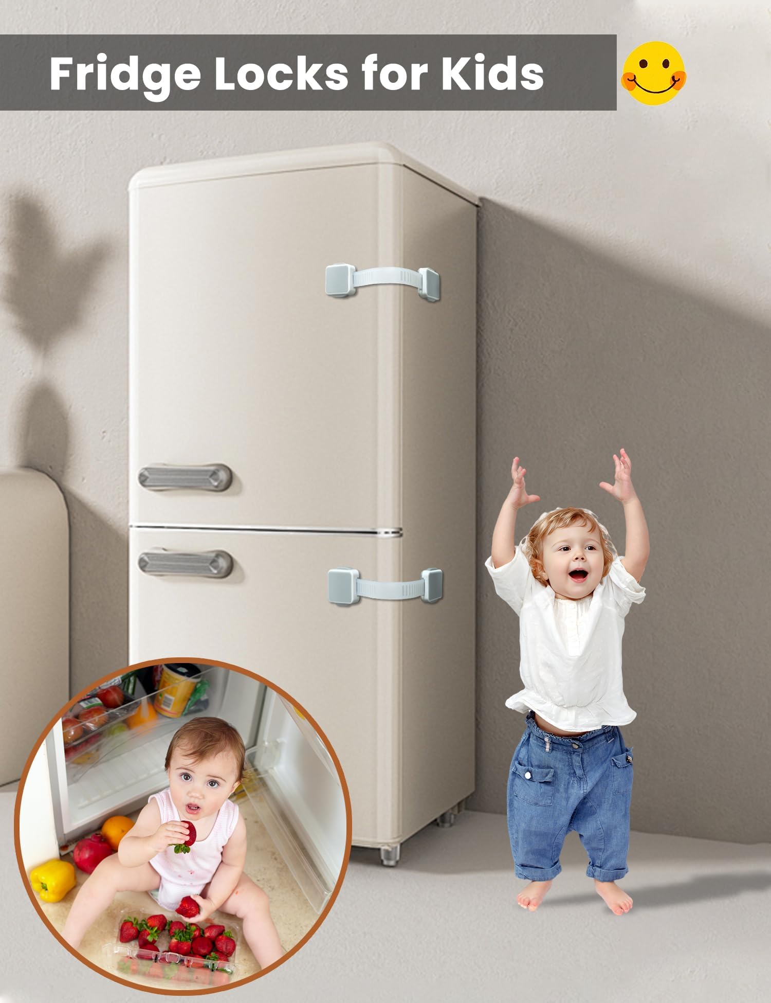2 Pack Baby Proofing Safety Locks for Cabinet Drawer Fridge Oven Dishwasher Doors, Toilet Seat & Lid, Adjustable Furniture Latches and Straps, 3M Adhesive No Drilling and Button Unlock Design