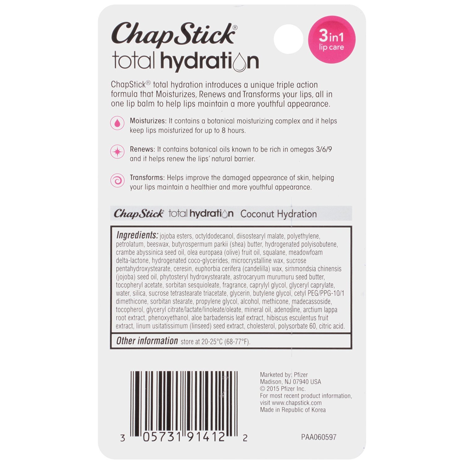ChapStick Total Hydration 3-in-1 Lip Balm, Coconut Hydration, 0.12 Ounce (Pack of 3)