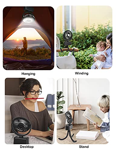 Oscillating Stroller Fan with LED Lantern, 5000mAh Battery Operated Rechargeable Camping Fan with Flexible Tripod Clip On Stroller, 3 Wind Speeds & LED Light