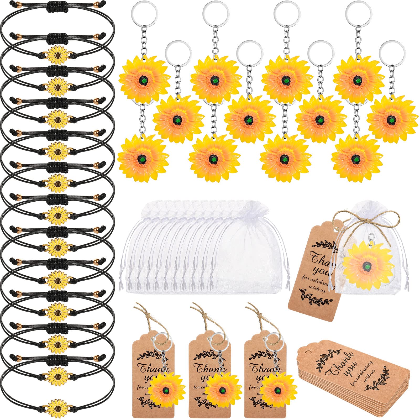 48 Pcs Sunflower Party Favors Set Sunflower Keychains Adjustable Bracelets Organza Bags and Thank You Kraft Tag Sunflower Decor for Birthday Bridal Shower Wedding Return Gift