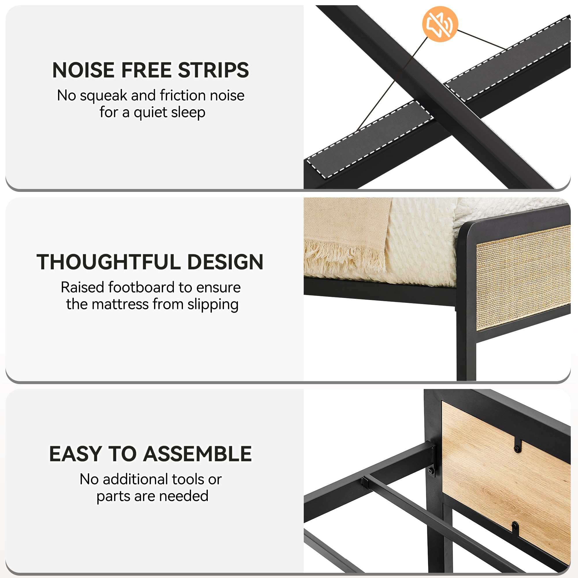 Alkmaar Full Size Metal Bed Frame with Rattan Headboard and Footboard, Platform Bed Frame with Safe Rounded Corners, Under Bed Storage, Strong Metal Slat Support, No Box Spring Needed
