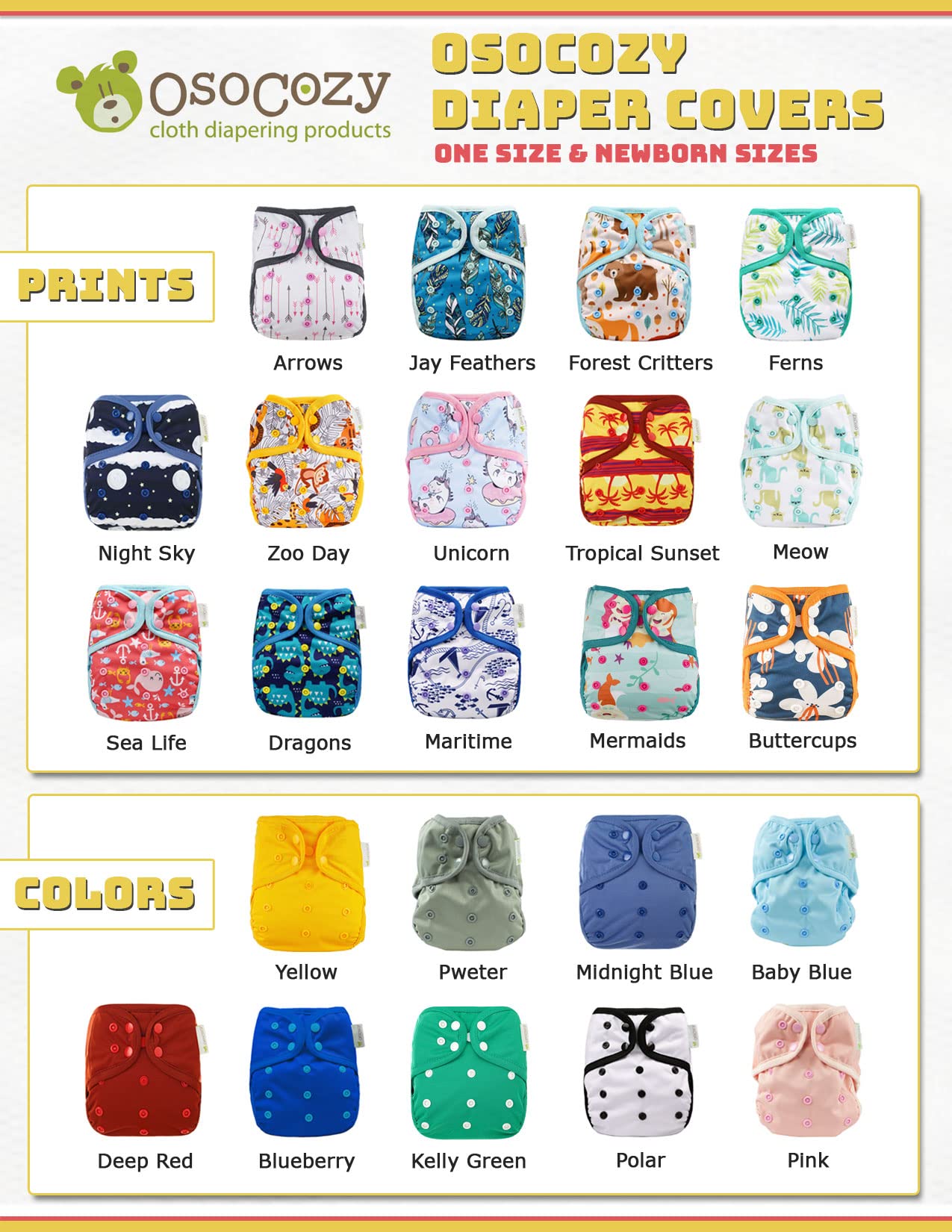 OsoCozy Newborn Reusable Cloth Diaper Covers - Adjustable Snap Fit & Double Leg Gussets for Baby Boys & Girls from 6-12 Pounds. Use with Prefold, Flat or Fitted Cloth Diapers or Snap-in Inserts