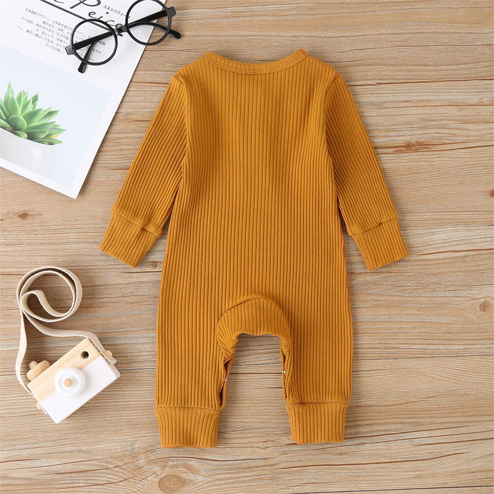 Lelloing Newborn Baby Boy Long Sleeve Romper Infant Girls Solid Color Footed Onesie Ribbed Jumpsuit Unisex Basic Pajamas (0-3M,Romper-Brown)