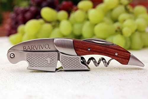 Barvivo Wine Opener with Foil Cutter Knife & Cap Remover - Double Hinged Manual Wine Key for Servers, Bartenders & Waiters - Wine Accessories Ideal as Valentines Day Gifts for Him - Natural Rosewood