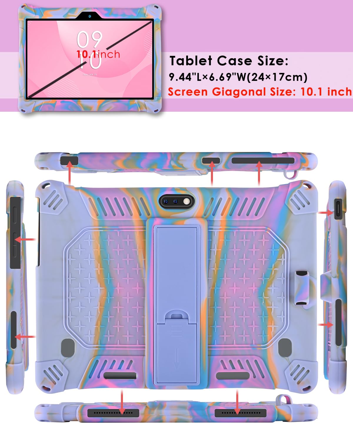 DETUOSI Case for YELLYOUTH 10.1 Tablet, Soft Silicone Lightweight Case Compatible with Dragon Touch Notepad K10, ZONKO 10.1, Beyond Tab 10.1, with Stylus Pen and Shoulder Strap, Rose Red & Purple