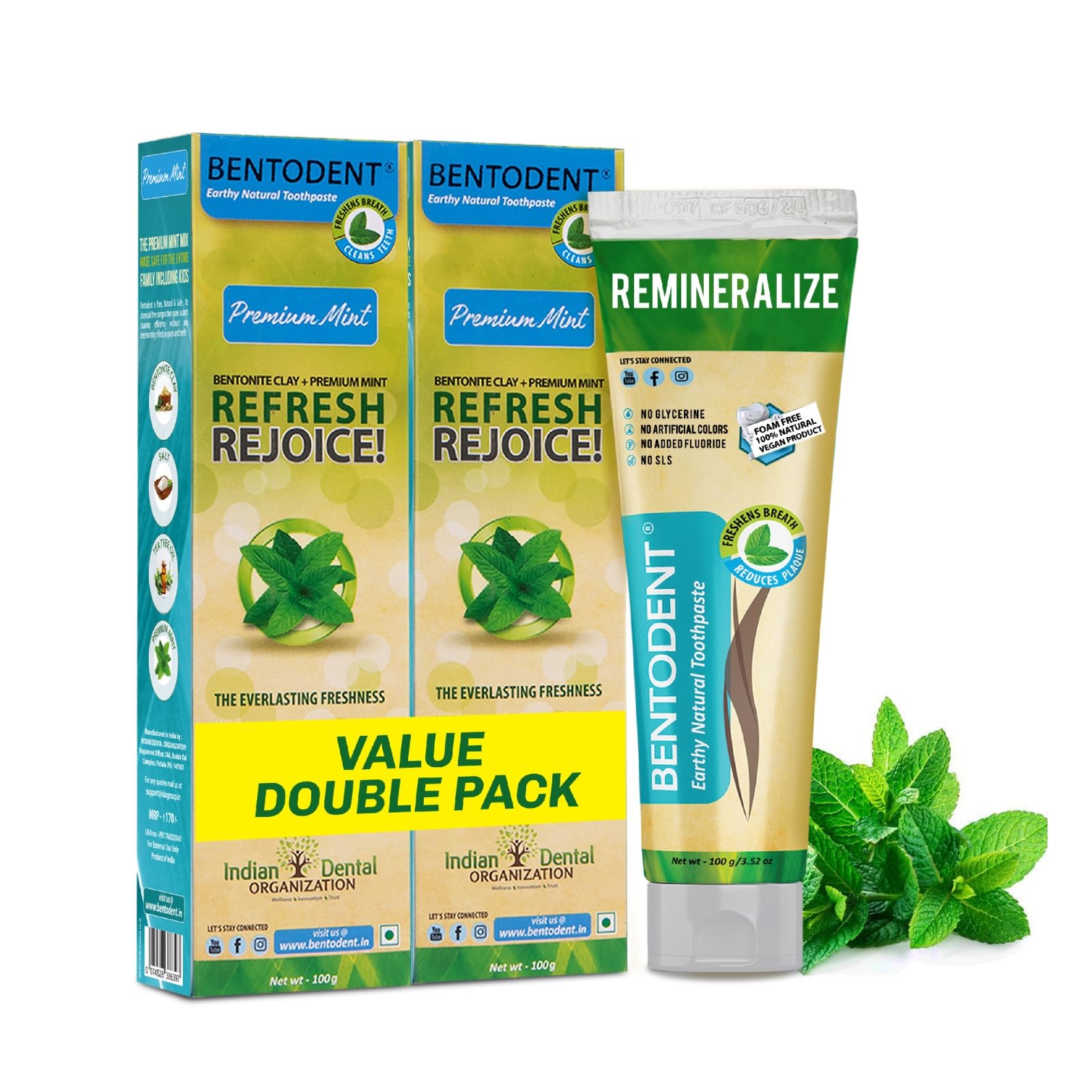 Bentodent Remineralizing Fluoride Free Toothpaste, Organic & Natural with Calcium Bentonite Clay, SLS Free, Whitening for Sensitive Teeth, Vegan (Premium Mint Combo)