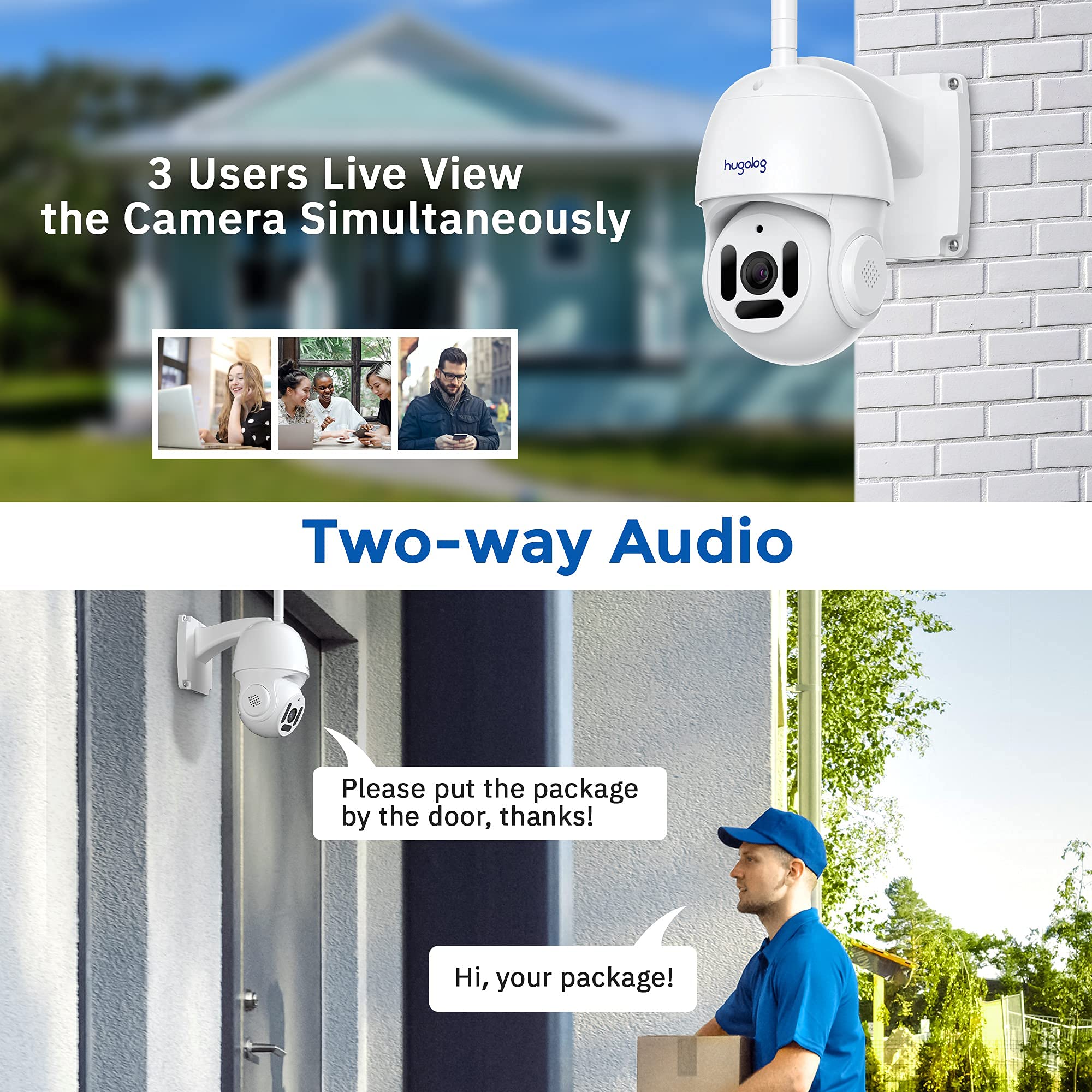 Hugolog PT Security Cameras, WiFi Cameras for Home Security 1080P HD, Outdoor Camera Waterproof,Motion Detection,2-Way Audio,Infrared Night Vision,USA Cloud Server/SD Card Slot, Compatible with Alexa