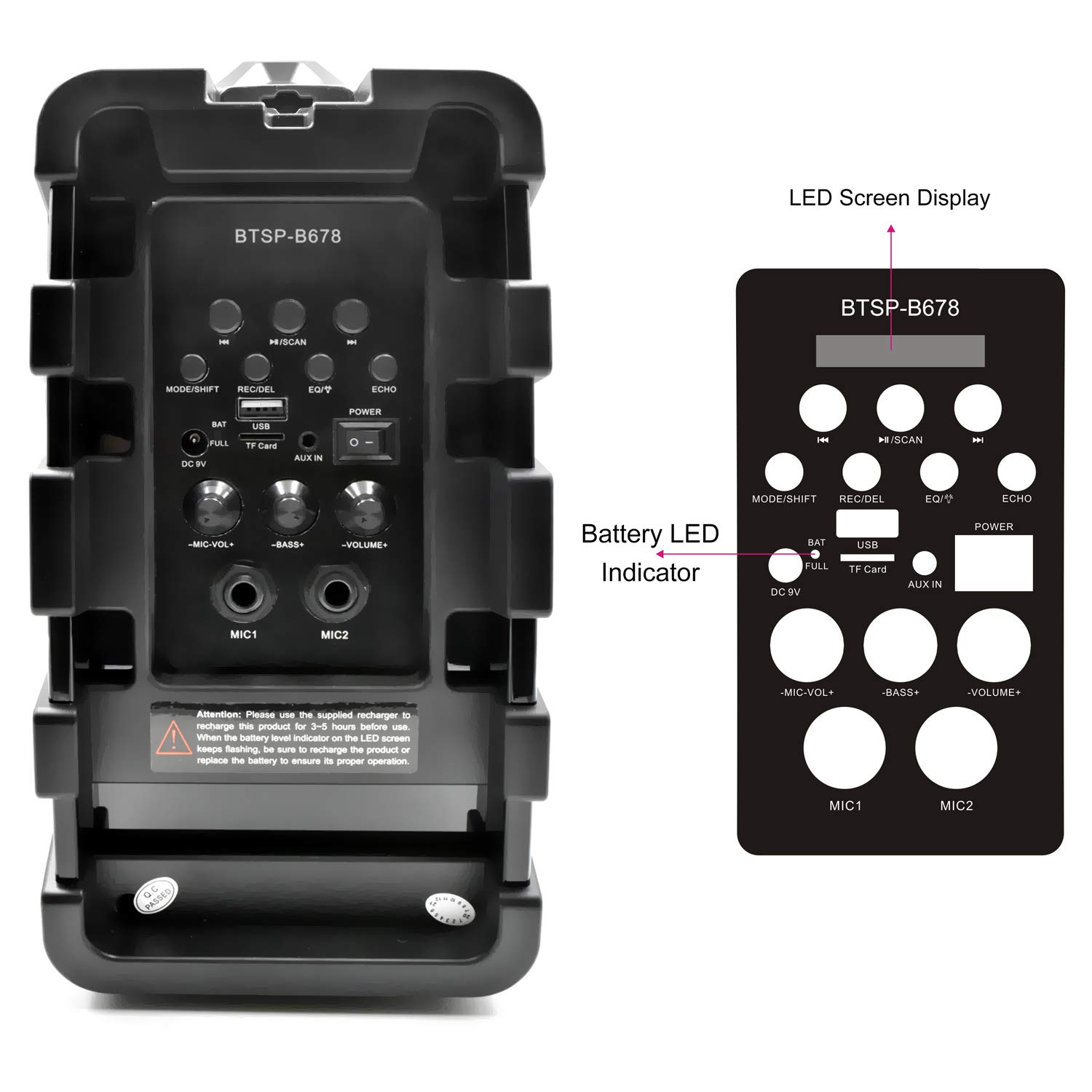 NEM Mobi7e Portable Wireless Bluetooth High Performance Stereo Speaker Extra Bass, USB Recording, Rechargeable Battery, AUX and TF Card Input, FM Radio, MP3, Mic and Guitar Input, LED Lights (Black)
