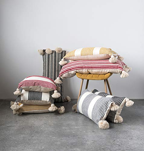 Creative Co-Op White Cotton & Chenille Woven Lumbar Raised Black Stripes & Thick Tassels Pillows