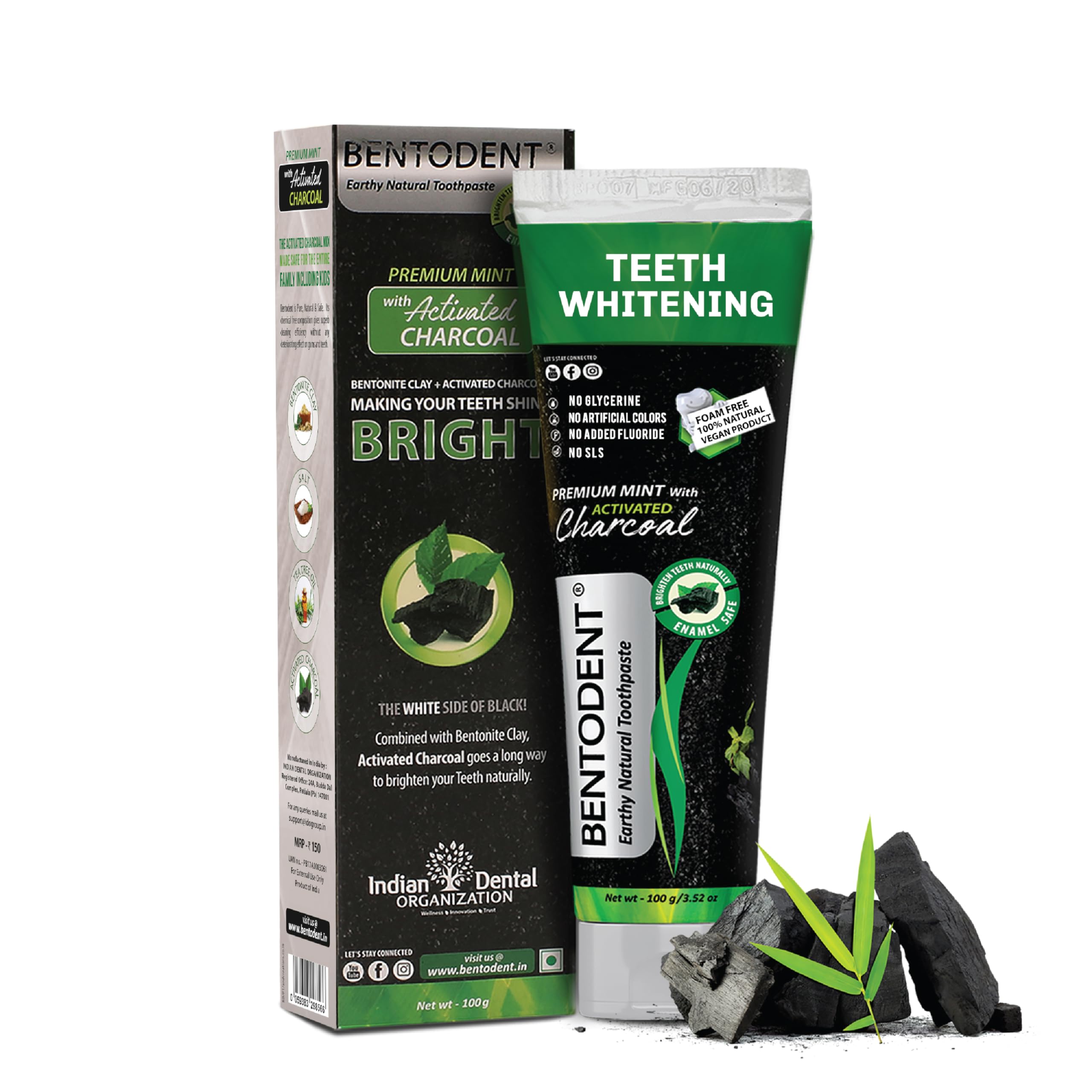 BENTODENT Teeth Whitening Bentonite Clay & Charcoal Toothpaste - Natural Teeth Whitening Charcoal Toothpaste, No SLS & Fluoride Free Toothpaste, Vegan (Activated Charcoal Mint Combo)