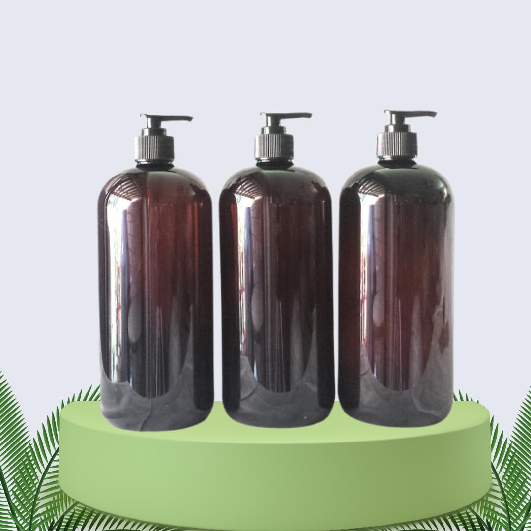 32 oz Amber Plastic PET Plastic Bottle with Black Hand Lotion Pump and Kraft Labels (3)