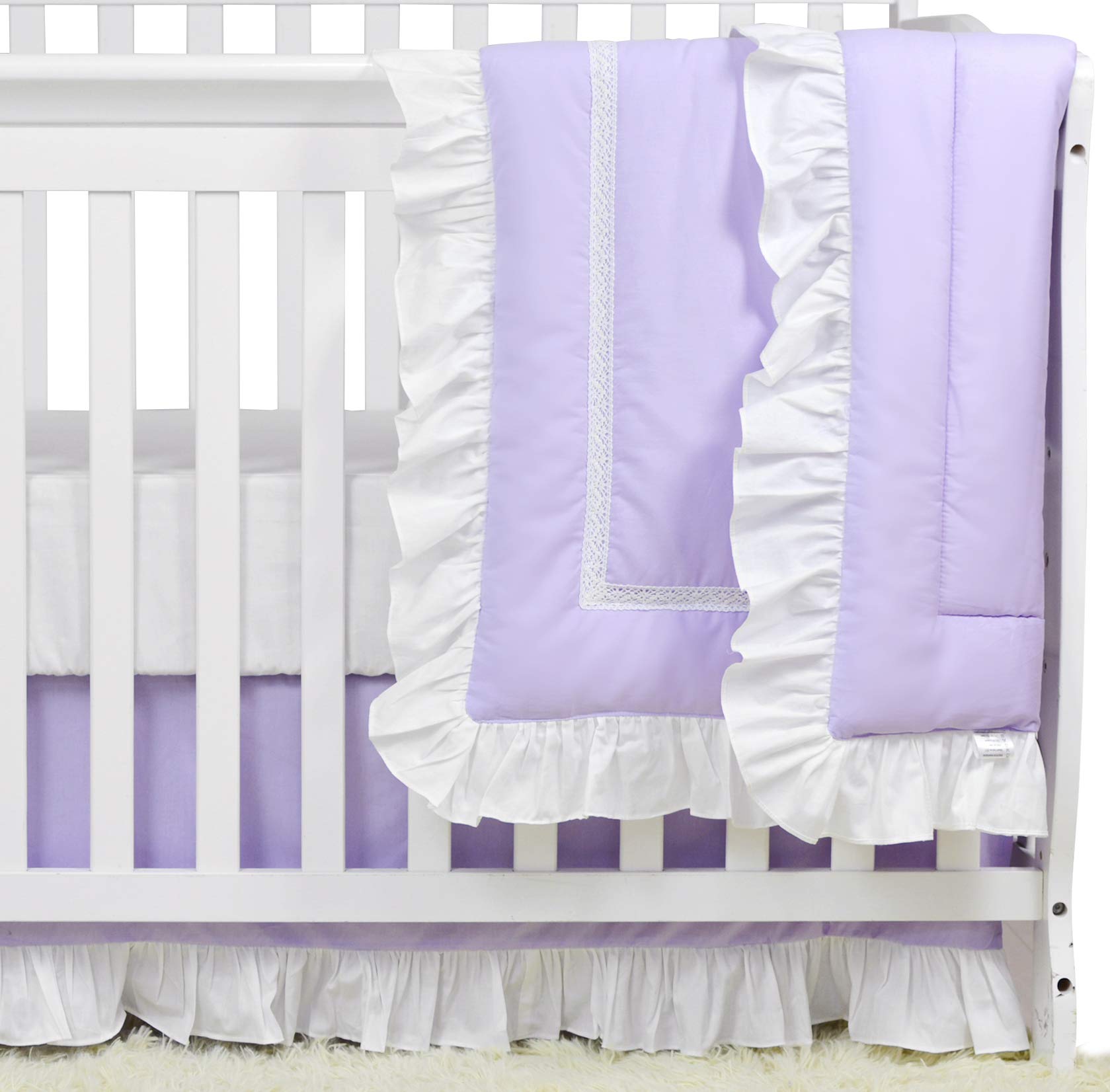 Brandream Luxury Purple Crib Bedding Set for Girls Elegant Princess Nursery Bedding Solid Sweet Ruffle Comforter 3 Piece, 100% Cotton