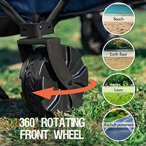 PORTAL Collapsible Folding Utility Wagon, Foldable Wagon Carts Heavy Duty, Large Capacity Beach Wagon with All Terrain Wheels, Outdoor Portable Wagon for Camping, Garden, Shopping, Groceries, Blue