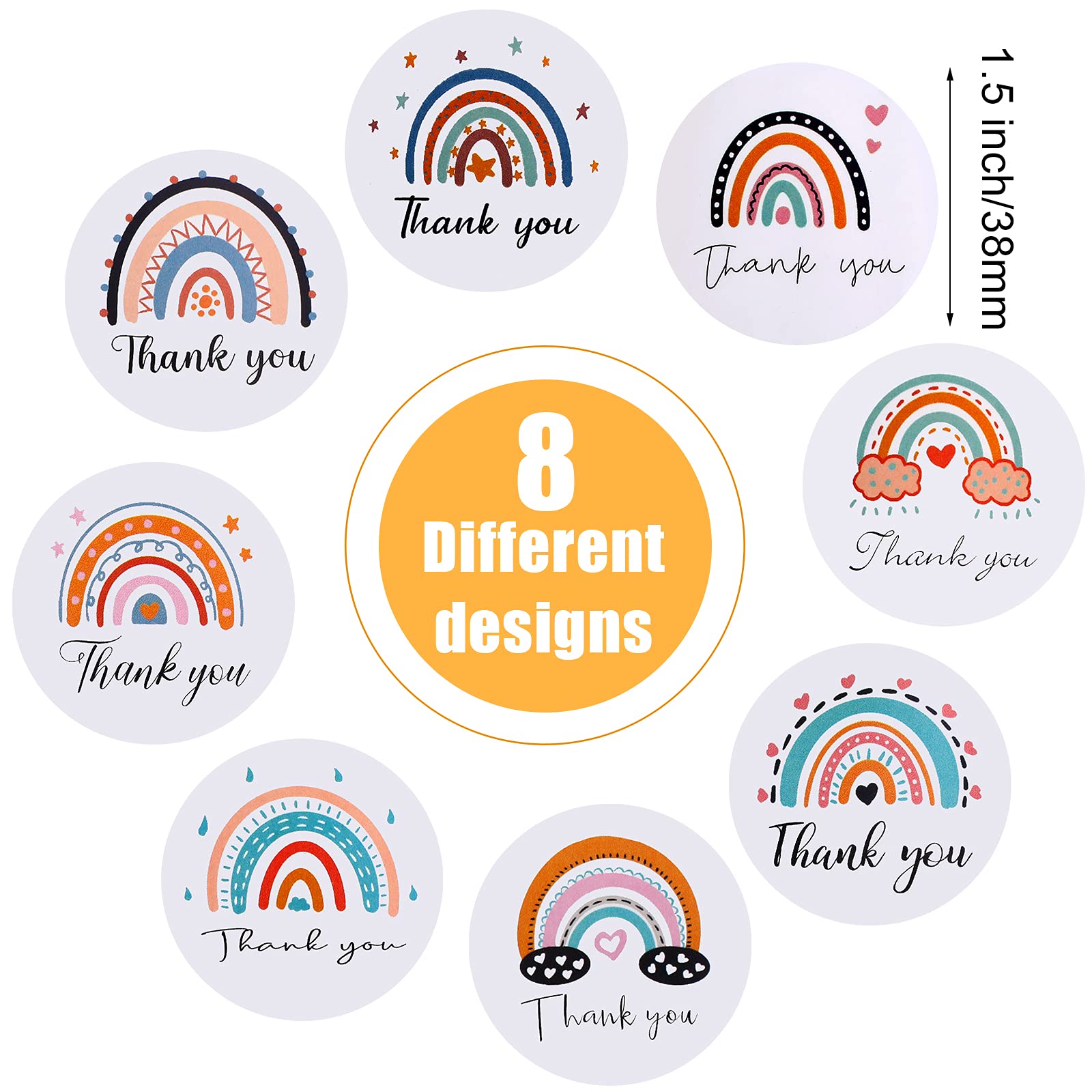 Outus 1000 Pieces Rainbow Thank You Label Stickers 1.5 Inch Round Thanks You Stickers Boho Adhesive Business Label Envelope Seals Rolls for Card Box Packing Gifts Bag, 8 Styles