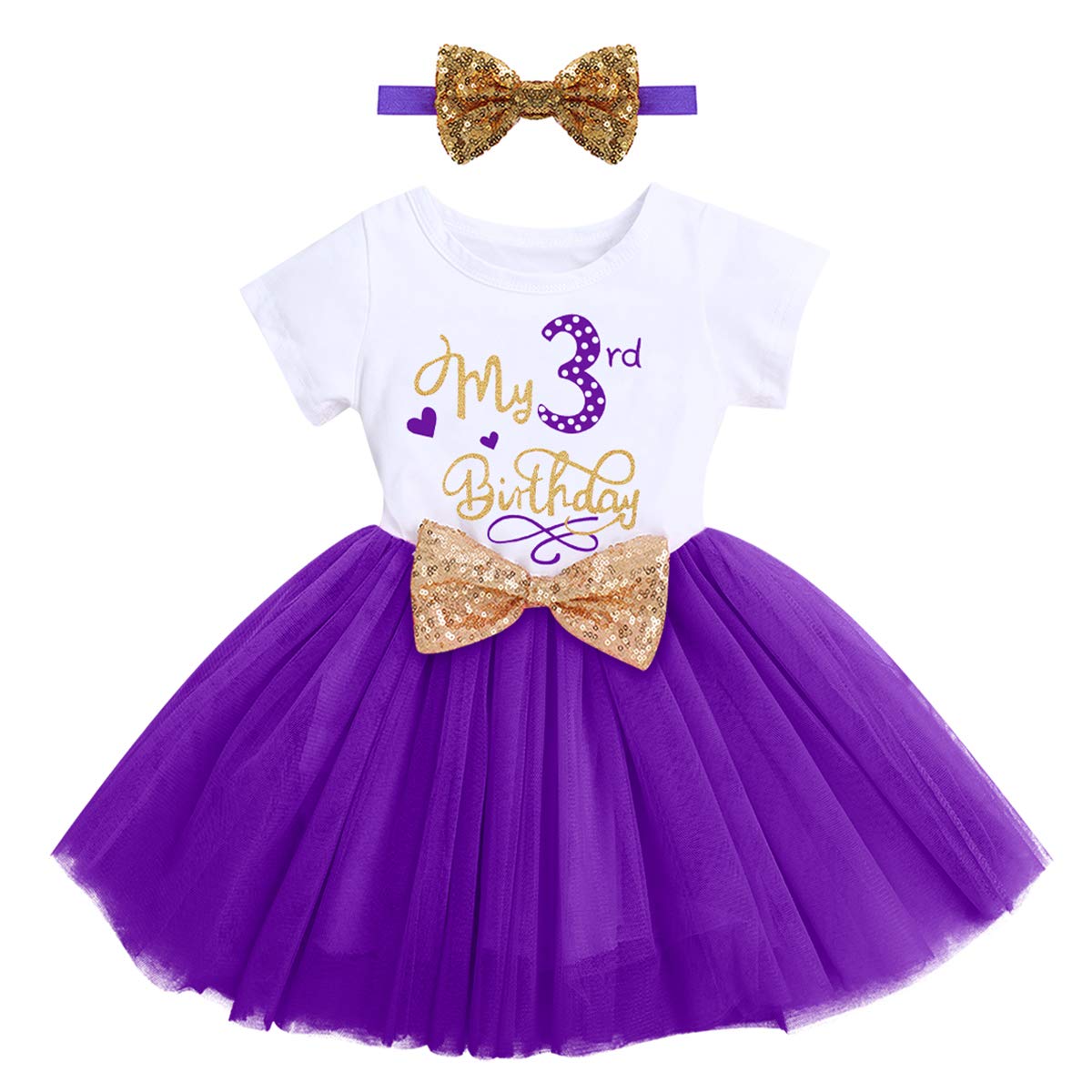 ODASDO Toddler Kids Girls My 3rd Third Birthday Party Dress Sequin Bowknot Headband Cake Smash Outfit Summer Cotton Short Sleeve A-line Tulle Tutu Princess Skirt Photo Props Purple 3 Years