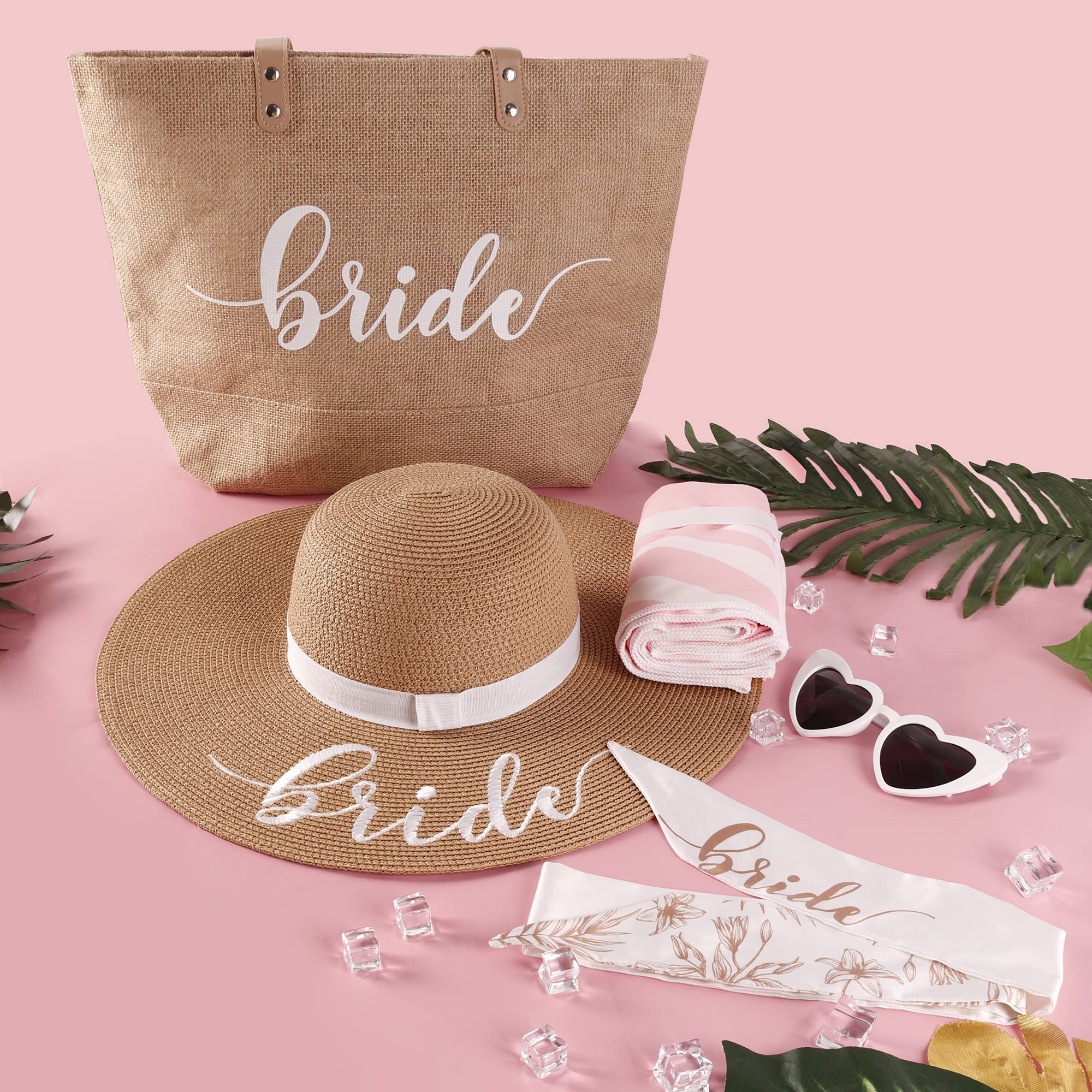 5 pc Bride Beach Bag Honeymoon Gift, Bachelorette Gifts for Bride, Bride to be Gifts, Bride Straw Sun Hat, Bag, Microfiber Towel, Silk Scarf, Sunglasses, Bridal Shower Gift (Bride Beach Gift Set)
