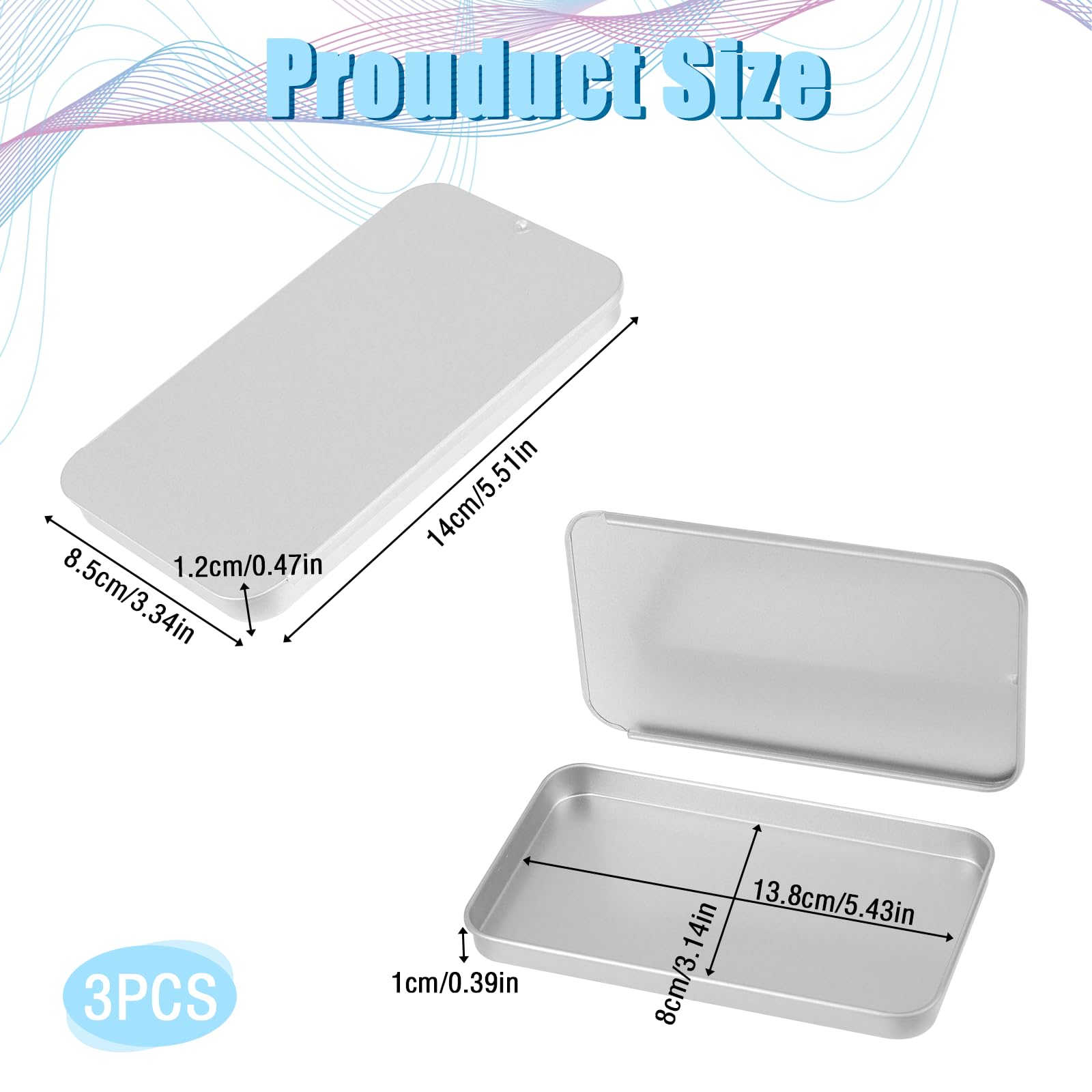 3Pcs Metal Box Containers Empty Slide Top Small Metal Containers 5.5 by 3.34 by 0.47 Inch Rectangular Storage Box Containers for Candies Jewelry Crafts Pills Survival Kit (Silver)