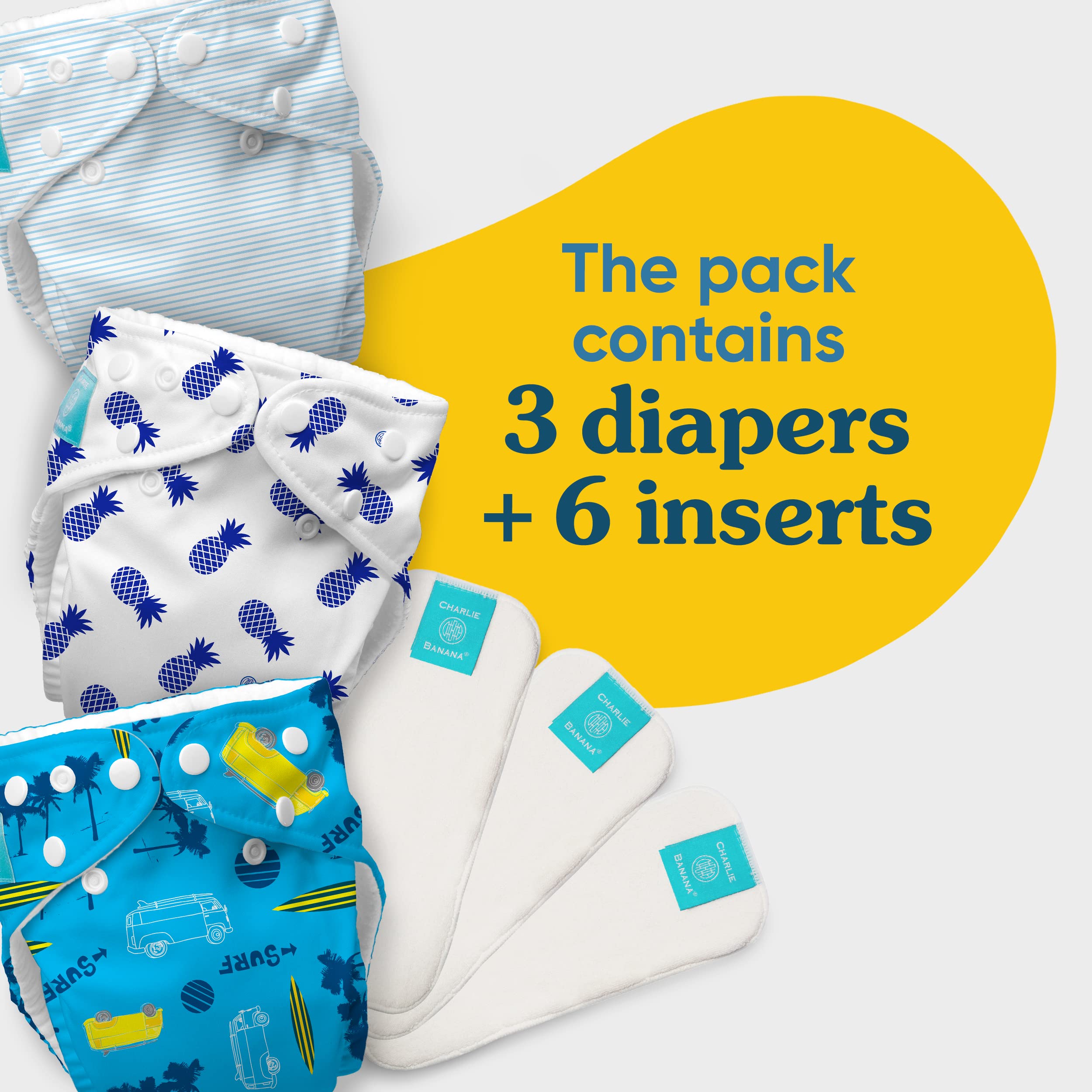 Charlie Banana Baby Washable and Reusable Cloth Diapers, 3 Soft Pocket Diapers and 6 Absorbent Inserts, One-Size, Surf Rider