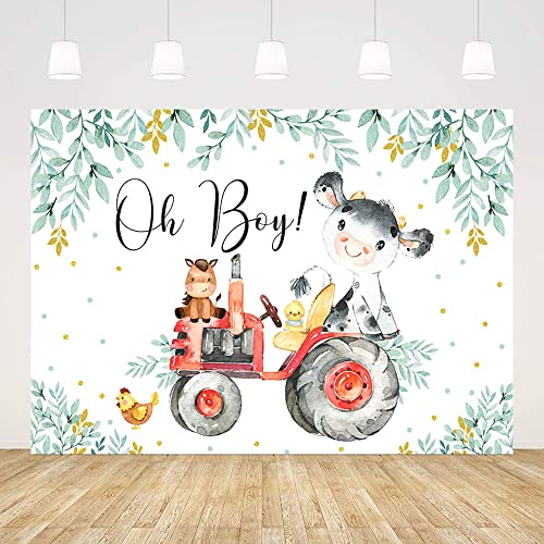 ABLIN 10x7ft Holy Cow Baby Shower Backdrop for Boy Spring Theme Oh Boy Baby Shower Party Decorations Banner Green Leaves Red Tractor Photography Background Photo Shoot Props