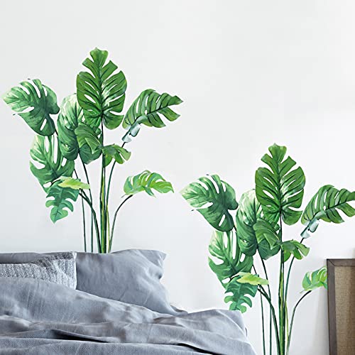 Monstera Leaf Wall Decals 2 PCS Palm Leaves Wall Stickers for Living Room, Green Tropical Plants Wall Decor Posters Vibrant Jungle Leaves Wallpaper for Bedroom Nursery
