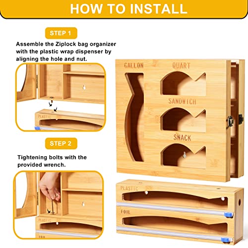 6 Slots Bamboo Wall mountable Ziplock Bag Storage Organizer and Foil & Plastic Wrap Dispenser with Cutter, for Kitchen Drawer, Counter Top, Pantry, Compatible with Gallon, Quart, Sandwich, Snack Bag