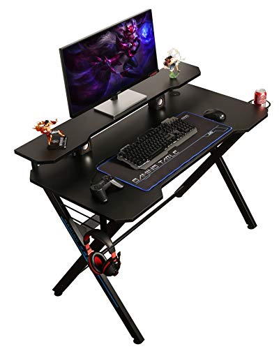 JJS 48" Home Office Gaming Computer Desk with Removable Monitor Stand, X Shaped Large Gamer Workstation PC Table with Cup Holder Headphone Hook Speaker Storage Free Mouse pad, Black