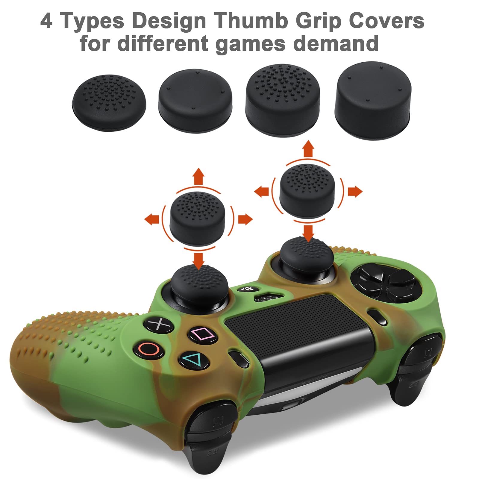 2 Pack Studded Anti-Slip Silicone Cover Skin for Sony PS4 DualSense Controller, Soft Rubber Case for Playstation 4 Wireless Controller with 10 x Pro Thumb Grip Caps (Camo Green Brown,Camo Red Blue)